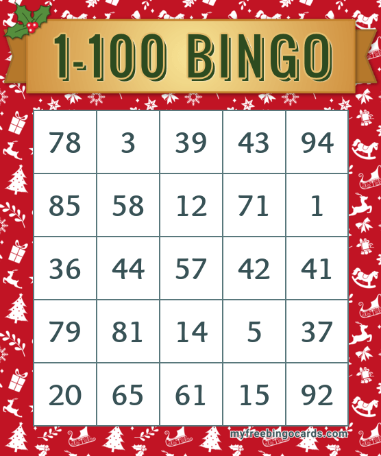 numbers 1-100 Bingo Card